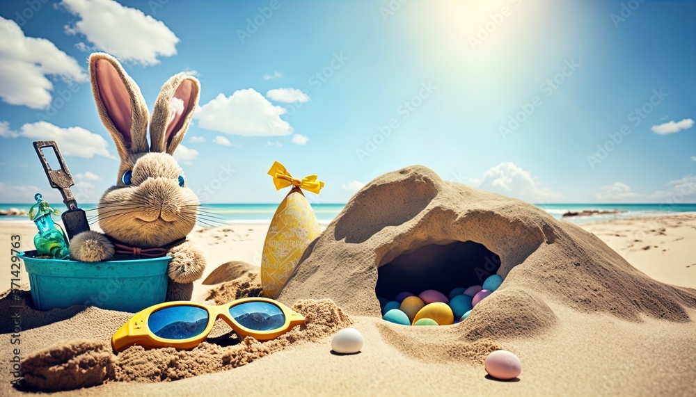 Colorful beautiful Easter dream with Easter bunny on vacation trip ...