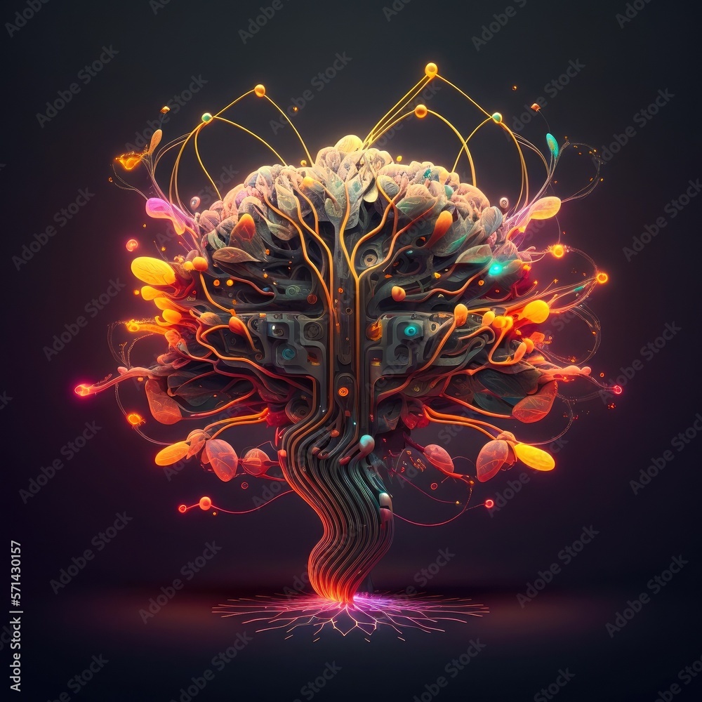 Microchip inside cloud of dots and lines in shape of biological brain ...