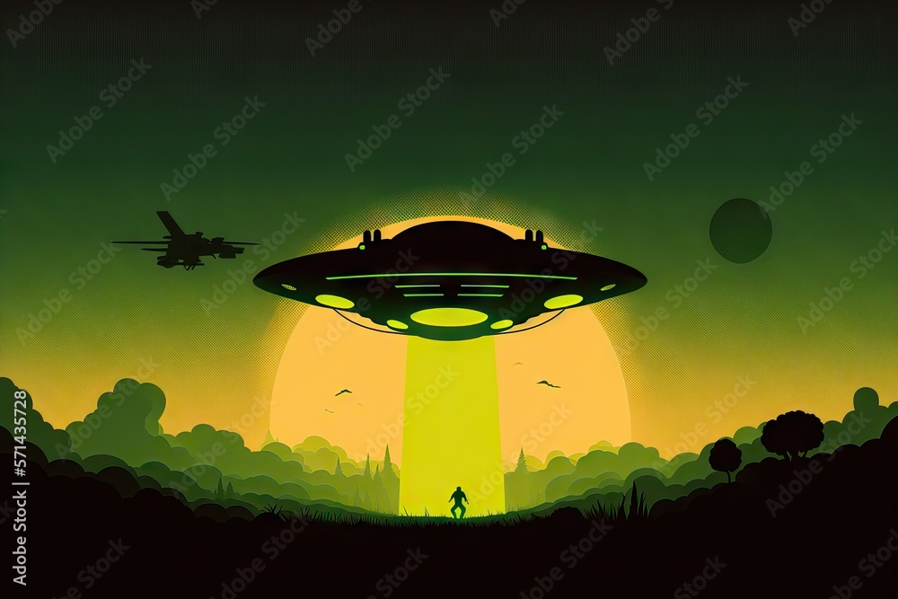Alien UFO in the sky, in a simple design, with beautiful elements ...