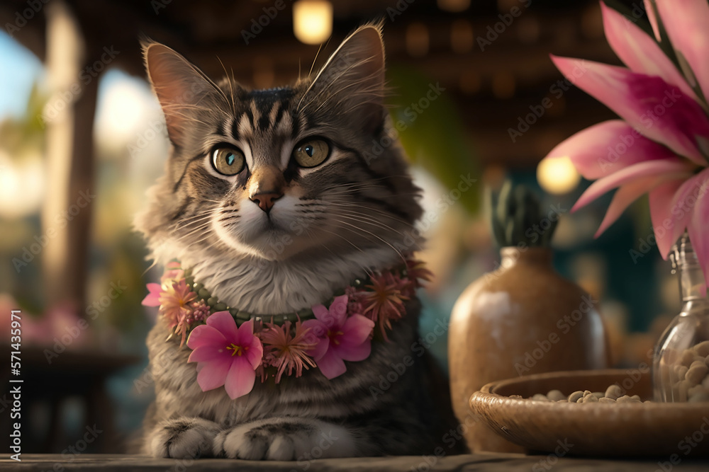 Tiki Time with a furry friend, tabby cat with pink flower lei at a tiki ...