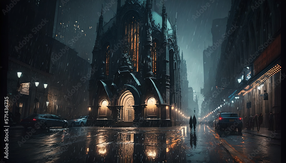 Gothic cathedral on a rainy night, neo-noir cityscape Stock ...