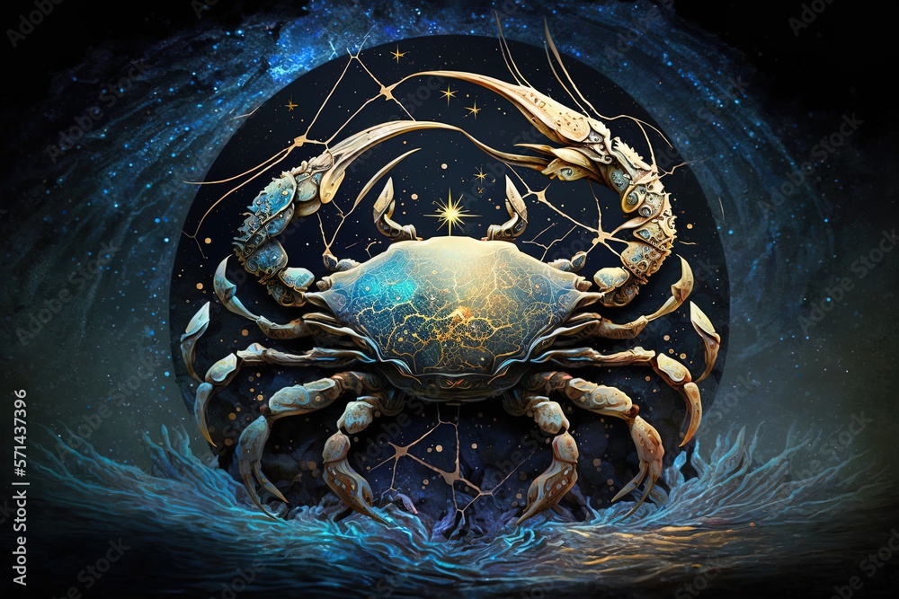 Backdrop of sacred zodiac Cancer symbols, astrology, alchemy, magic ...