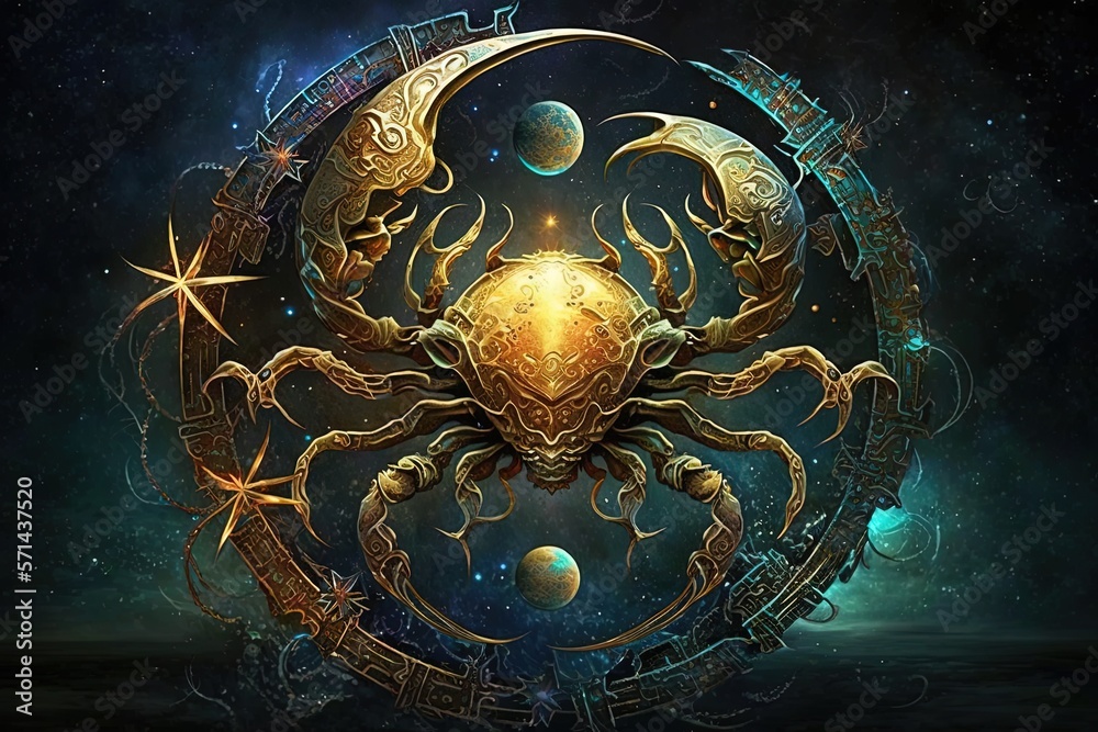 Backdrop of sacred zodiac Cancer symbols, astrology, alchemy, magic ...