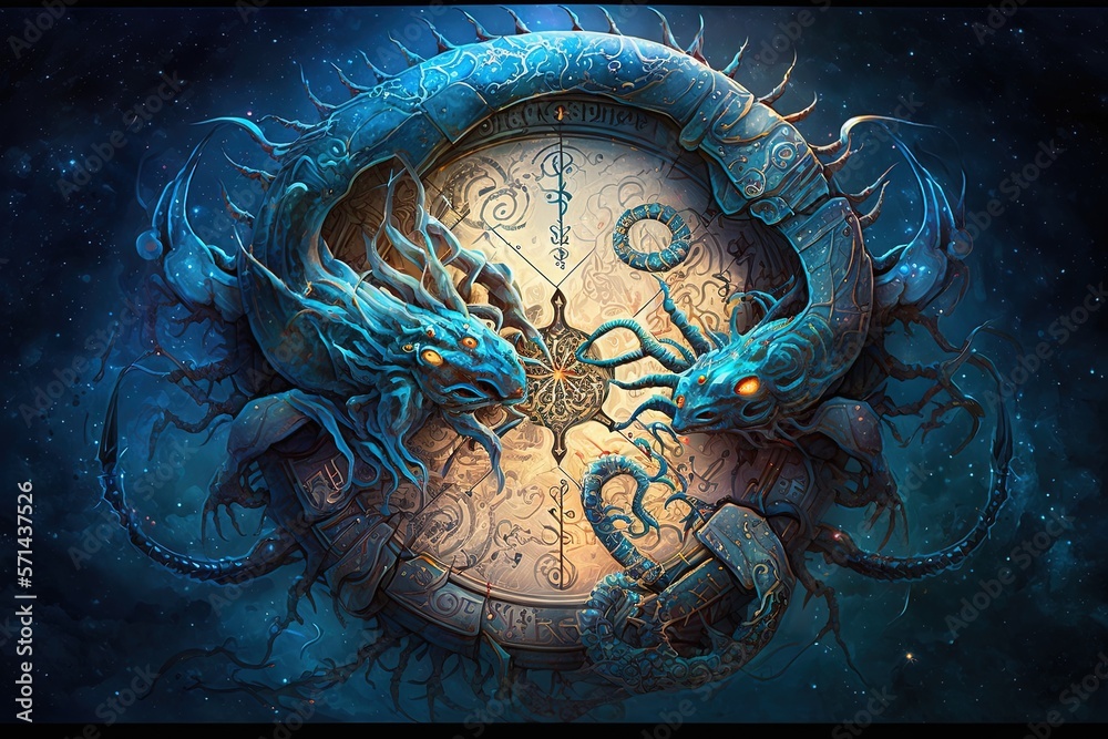 Backdrop of sacred zodiac Cancer symbols, astrology, alchemy, magic ...