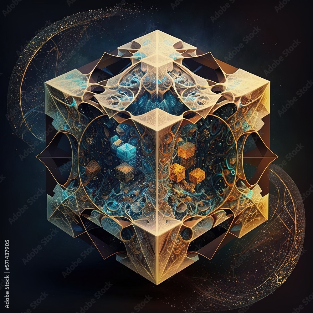 tesseract with fractal design in order and chaos. Abstract multiverse ...