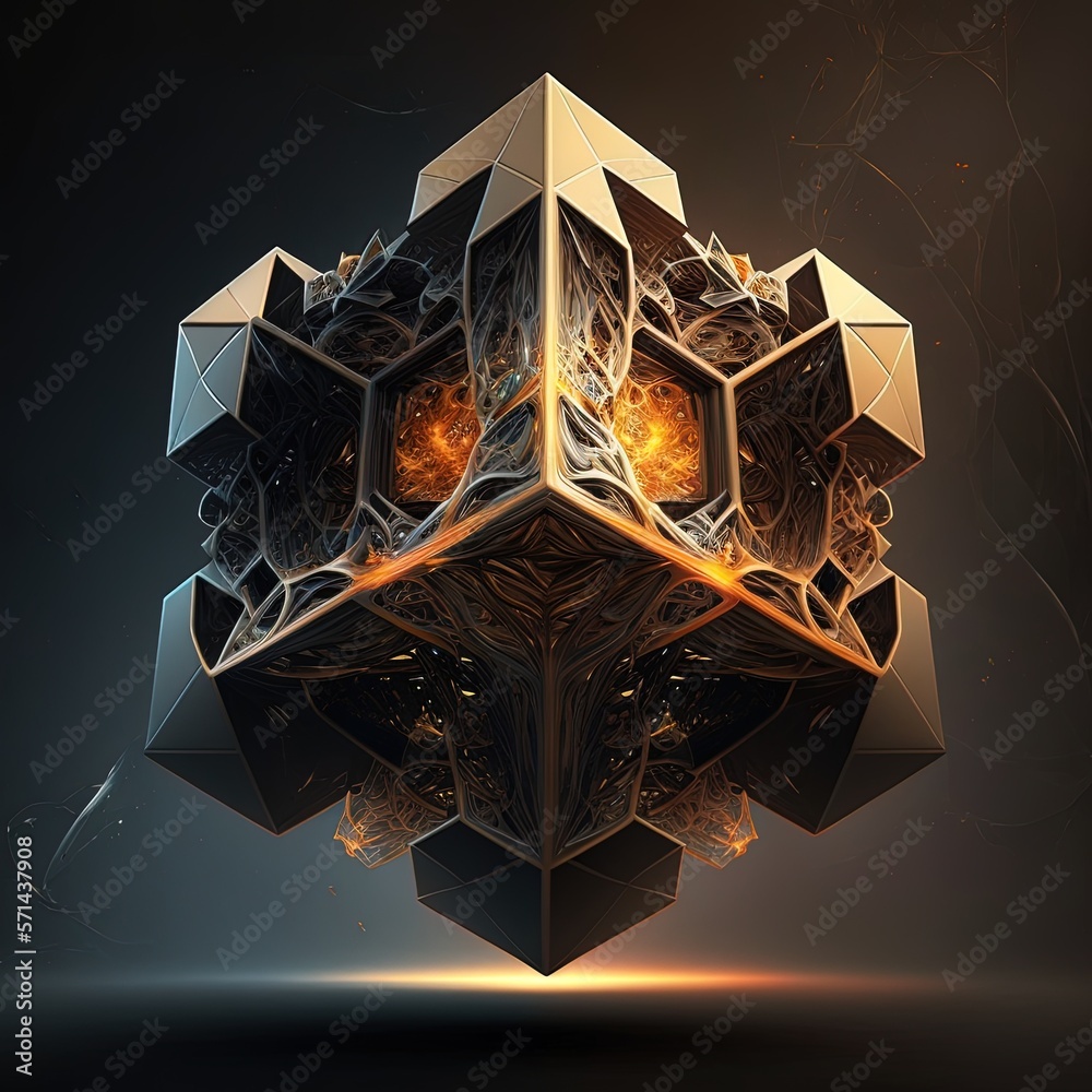 tesseract with fractal design in order and chaos. Abstract multiverse ...
