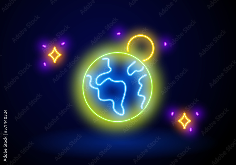 Vecteur Stock Planet Earth neon sign. Shiny Planet Earth silhouette on ...