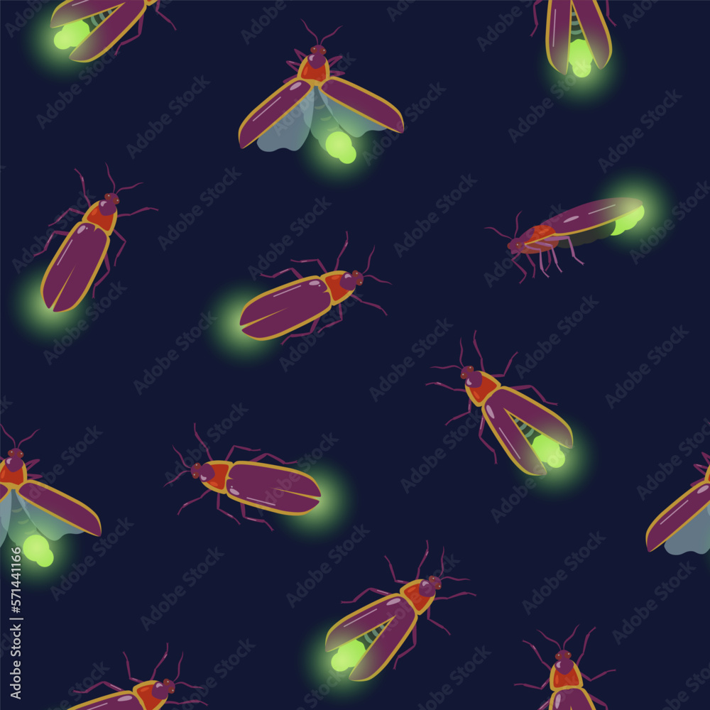 Seamless pattern with firefly insects flying with different angles. Vector texture for design ...