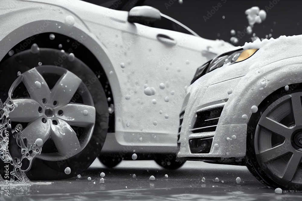 Car wheel in white soap foam at carwashing service station. Generative ...