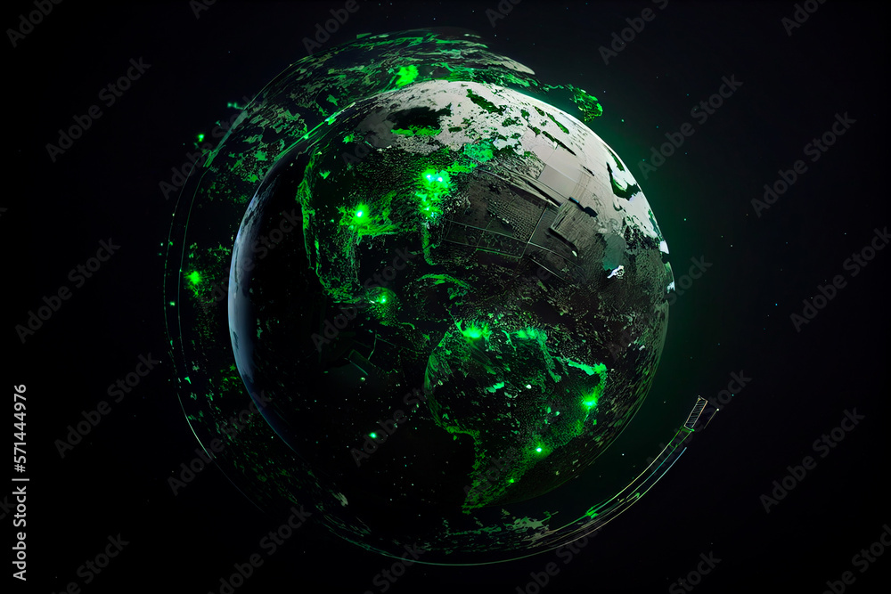 Digital green futuristic globe, viewed from space, in the solar system ...