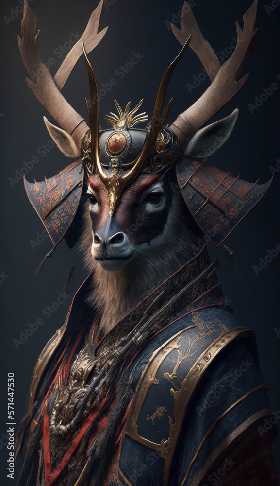 Majestic Animal Deer Shogun in Samurai Armor: A Depiction of Japanese ...
