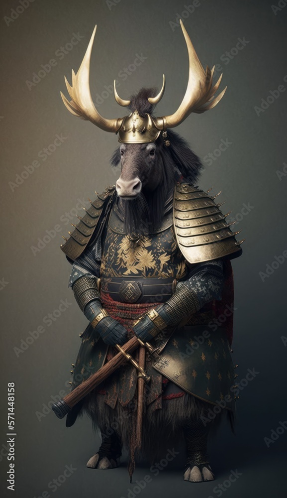 Majestic Animal Moose Shogun in Samurai Armor: A Depiction of Japanese ...