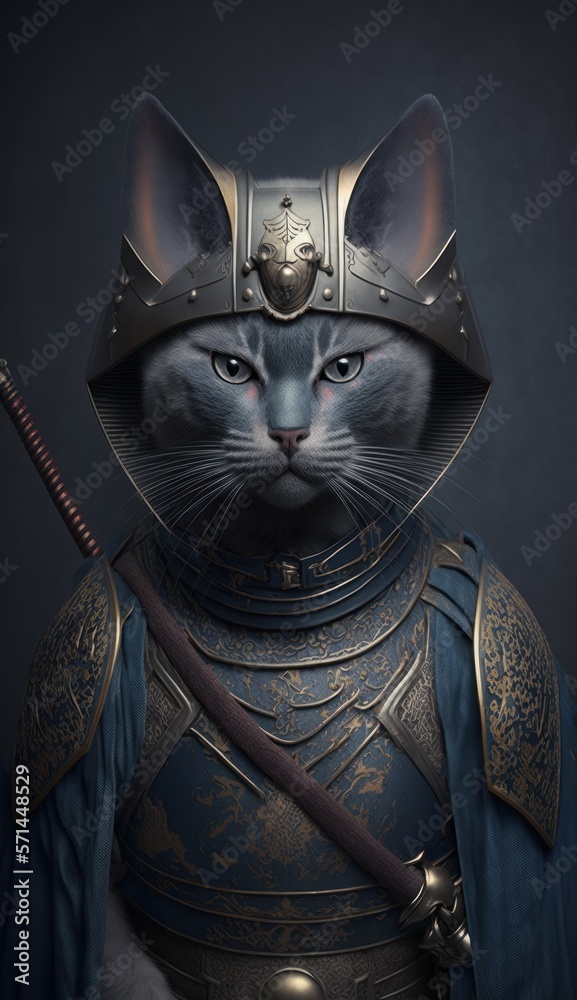 Majestic Animal Russian Blue Shogun in Samurai Armor: A Depiction of ...