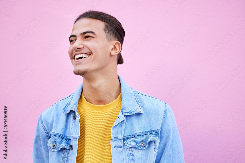 Student man, happy and fashion by background with smile, motivation or ...