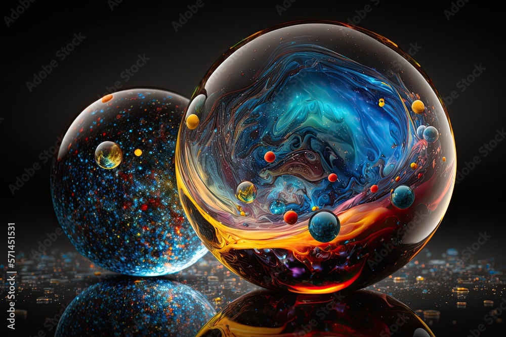 Shiny reflective marble with the cosmos. Sun, stars, planets and ...