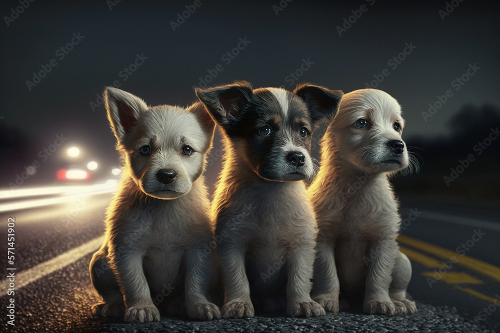 Photorealistic ai artwork of puppies stranded on side of the road ...