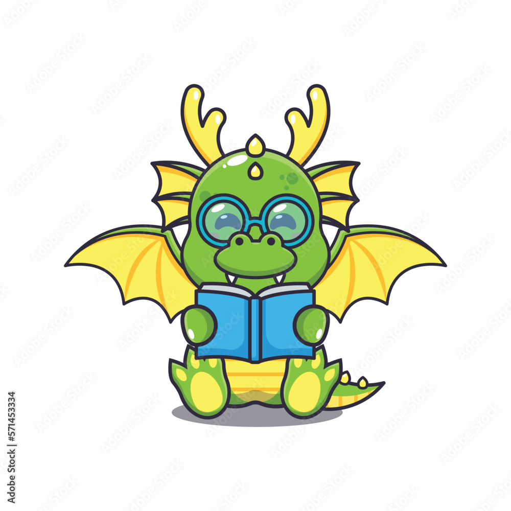 Cute dragon reading a book cartoon vector illustration. Vector cartoon ...