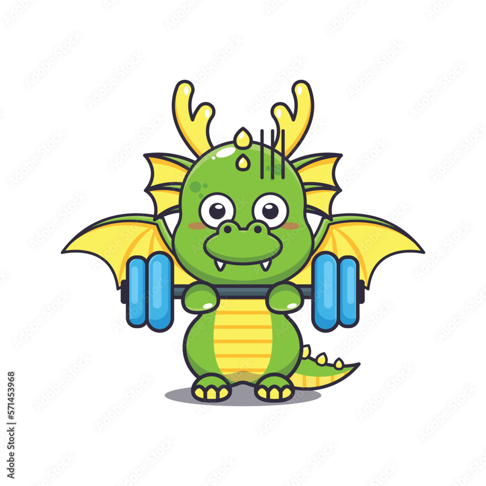 Cute dragon lifting barbell cartoon vector illustration. Vector cartoon ...