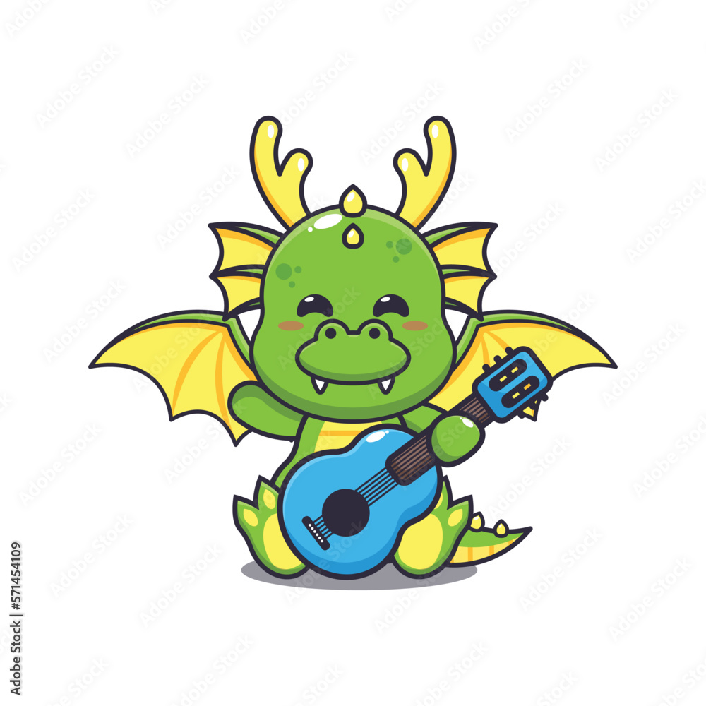 Cute dragon playing guitar cartoon vector illustration. Vector cartoon ...