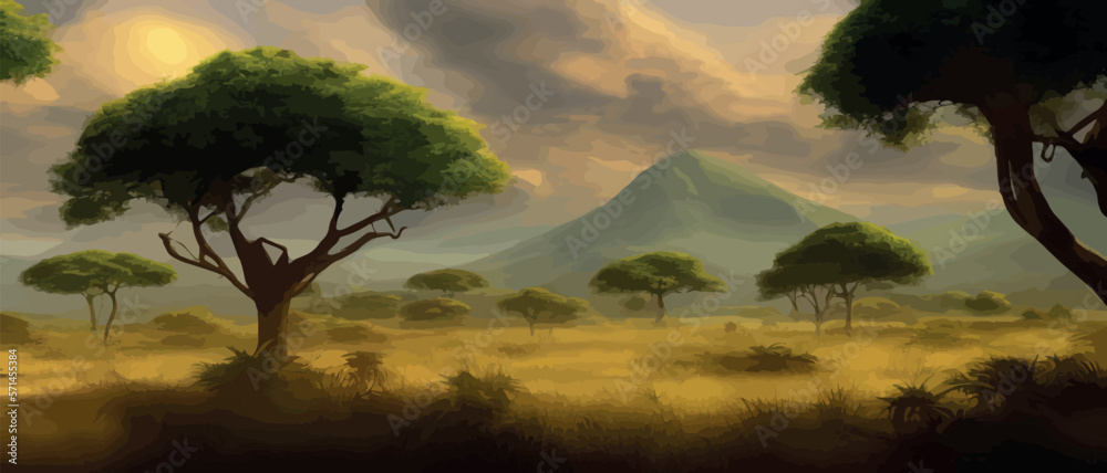 African savanna. Grass, acacia trees and river. Realistic vector ...