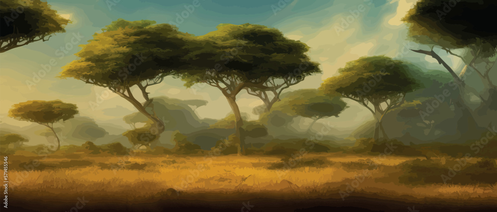 African savanna. Grass, acacia trees and river. Realistic vector ...