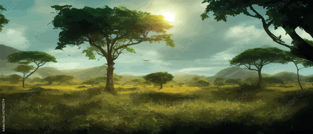African savanna. Grass, acacia trees and river. Realistic vector ...