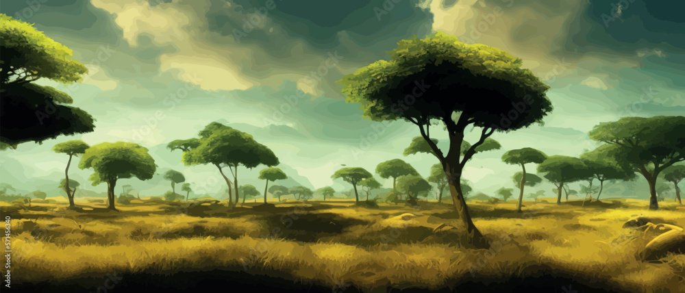 African savanna. Grass, acacia trees and river. Realistic vector ...
