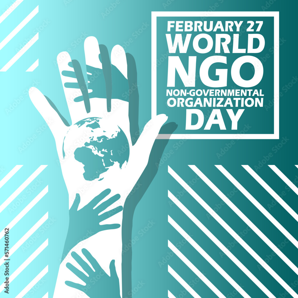 Illustration of raised hands with earth and bold text on abstract ...