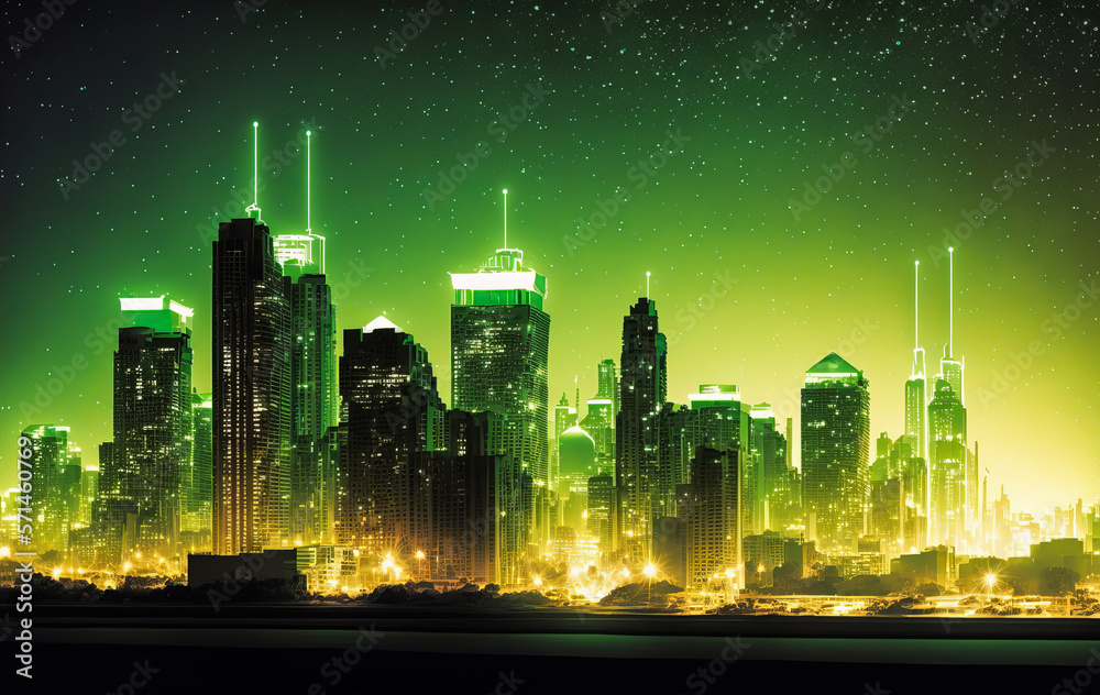 City at night, bright green buildings and twinkling stars - the message ...