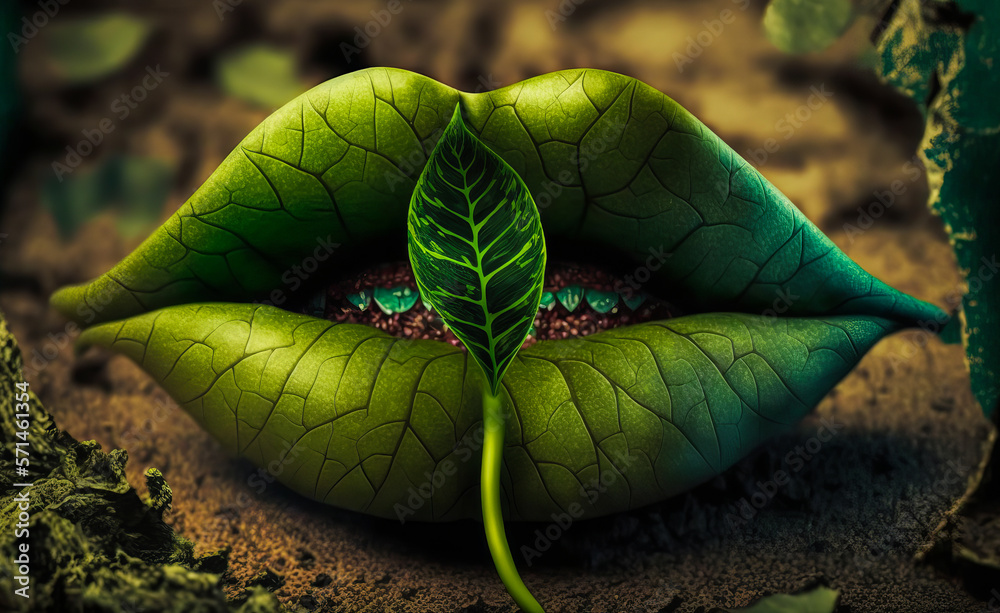 Surreal close-up photo of a pair of lips with a plant growing on them ...