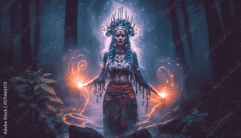 Shaman woman / witch evoking spirits in a mysterious night forest Post ...