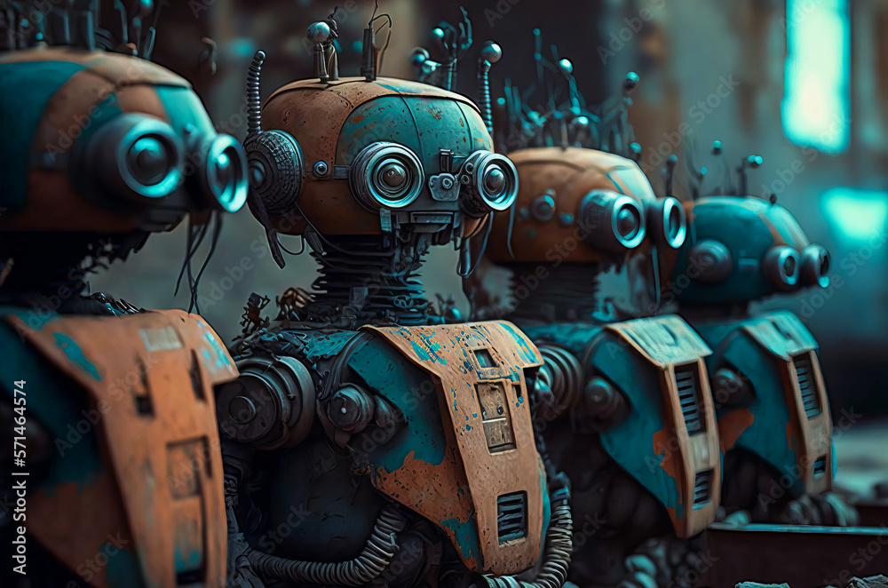 Robots working in factories, crises and progress put forward. Muted and ...