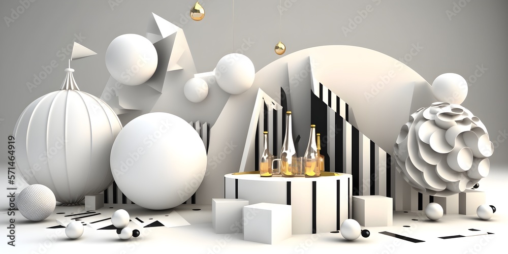 White objects with champagne bottles on a white wall, white modern ...