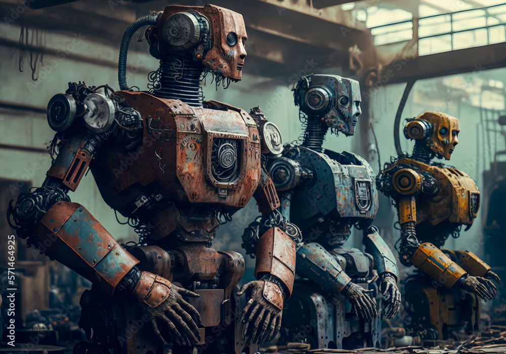 Damaged robots working tirelessly in a dystopian factory, illustrating ...