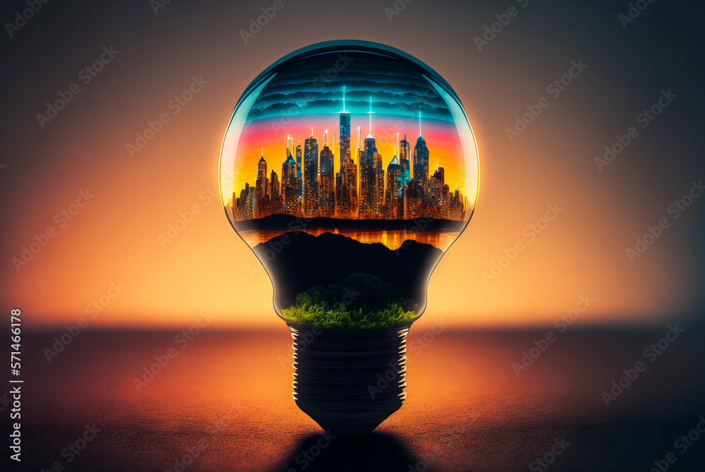 Light bulb with an urban landscape representing the role of clean ...