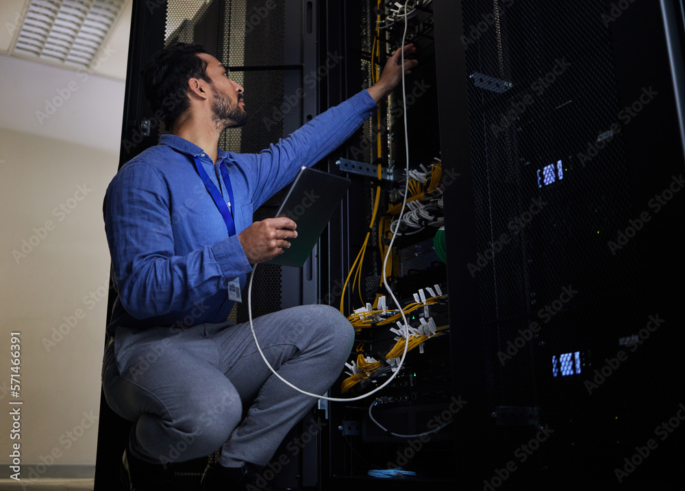 Tablet, server room and engineer with connection cable for maintenance or software update at ...