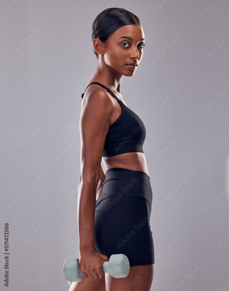 Black woman, dumbbells exercise and studio portrait for muscle ...