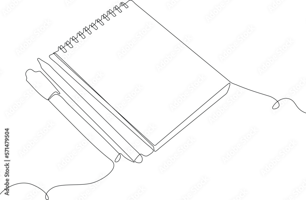 Continuous one line drawing notes and a pen. School and office supplies ...
