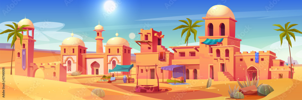 Ancient arab city with market and palace in desert. Vector cartoon ...
