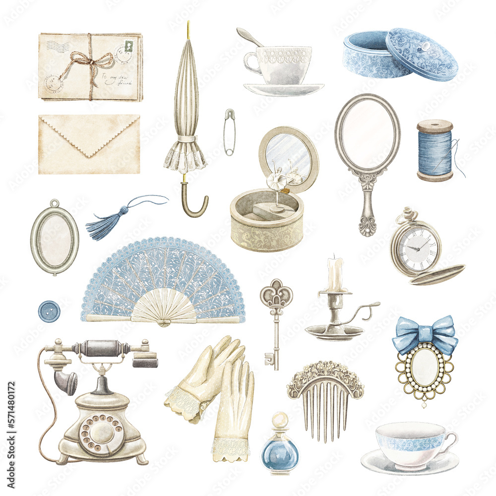 Set with many female varied white and blue antique things isolated on ...