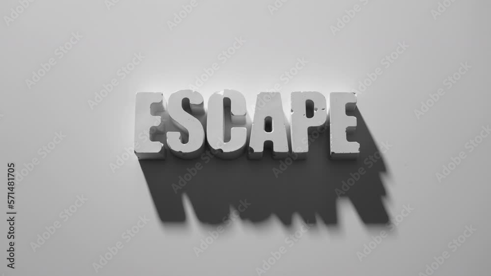 the word ESCAPE appearing letter by letter on white background with ...