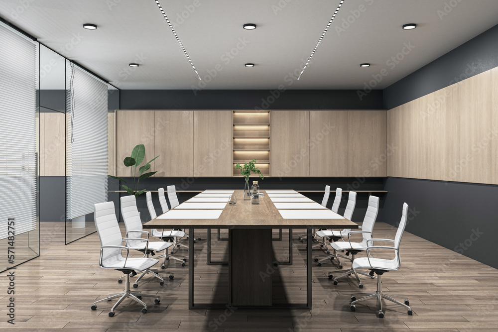 Side view on dark wooden conference table surrounded by white chairs on parquet floor in ...
