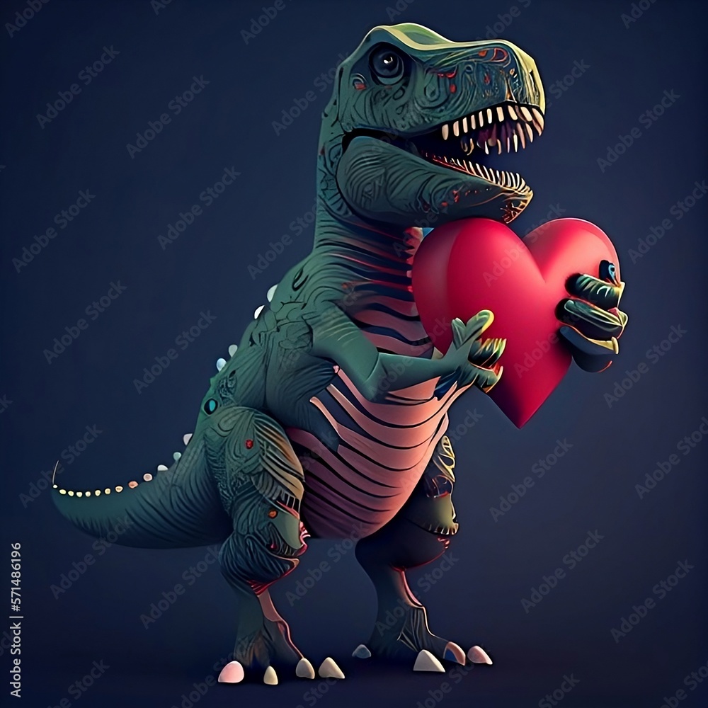 Tyrannosaurus rex dinosaur green smiling and hug a red heart cute ...