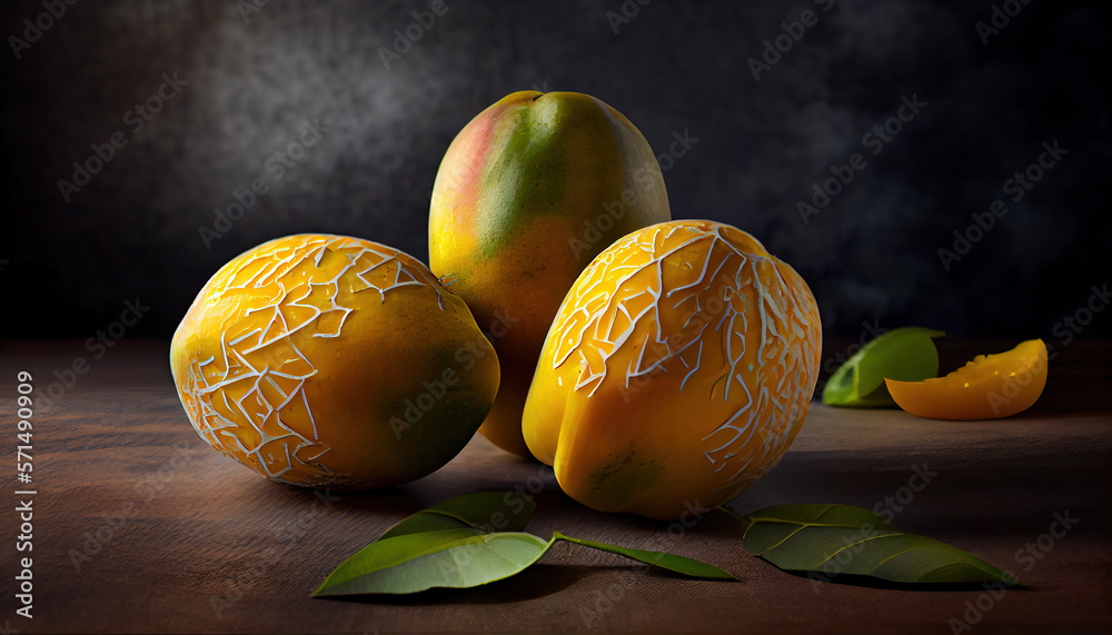 Fresh Yellow mangoes on a Wooden Table with a Bokeh Background High ...