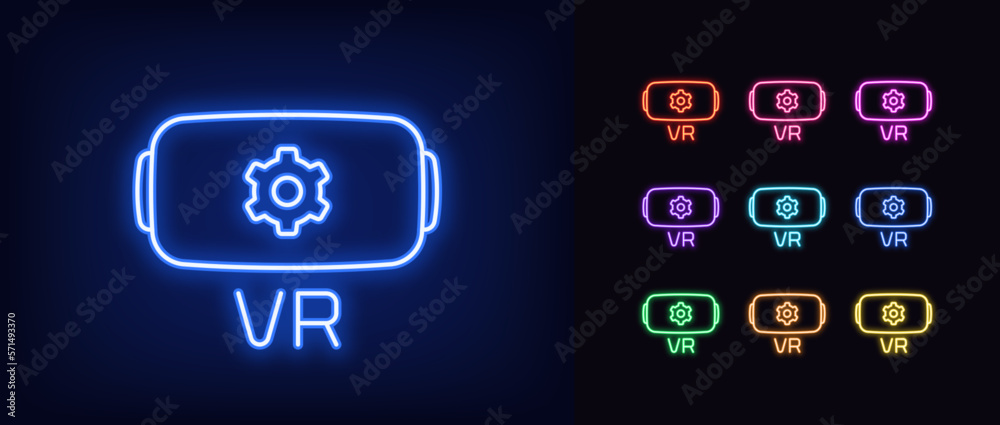 Outline neon VR glasses settings icon set. Glowing neon VR glasses ...
