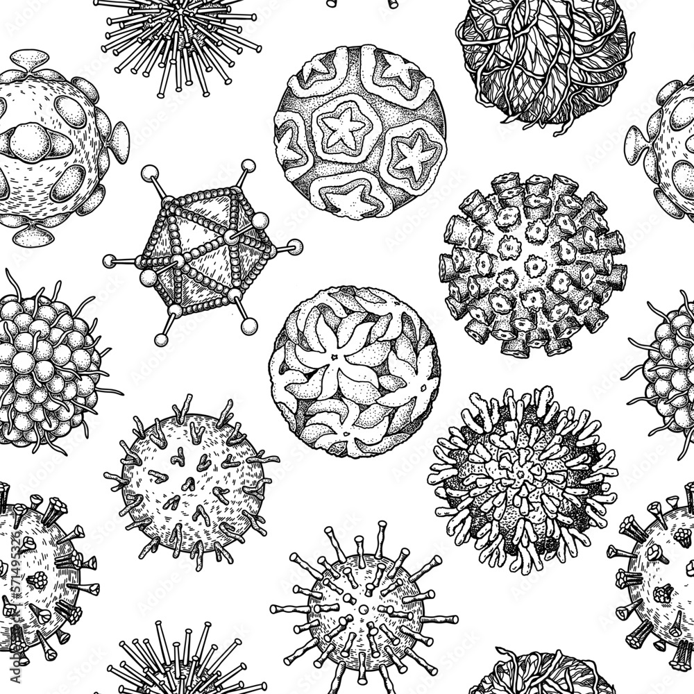 Viruses seamless patten. Scientific hand drawn vector illustration in ...