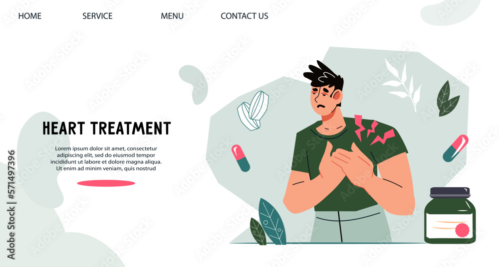 Cardiology and heart disease web banner with man who has sudden heart ...