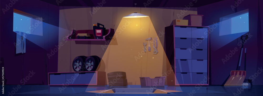 Cartoon garage interior design at night. Vector illustration of dark ...
