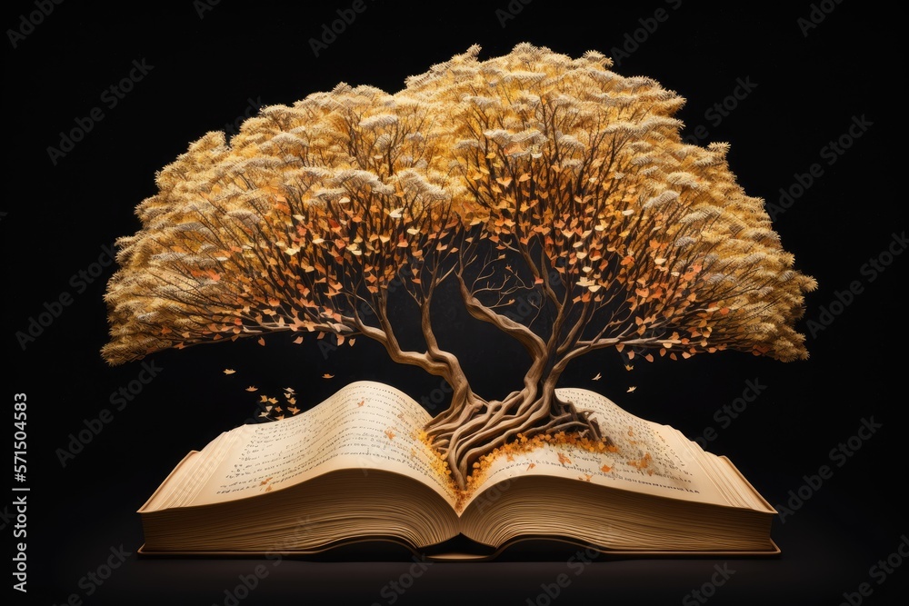 Golden tree growing from the old book, Education and knowledge concept ...