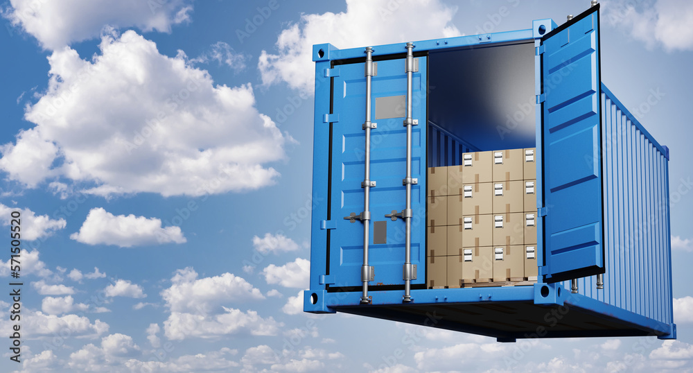 Cargo container with boxes. Blue metal box in sky. Flying cargo ...